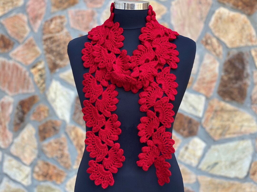 Red Crochet Scarf: Long Wool Blend Winter Scarf - Etsy