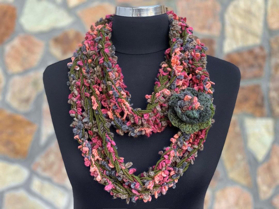 Crochet Infinity Scarf With Removable Flower: Autumn Colors Lariat - Etsy