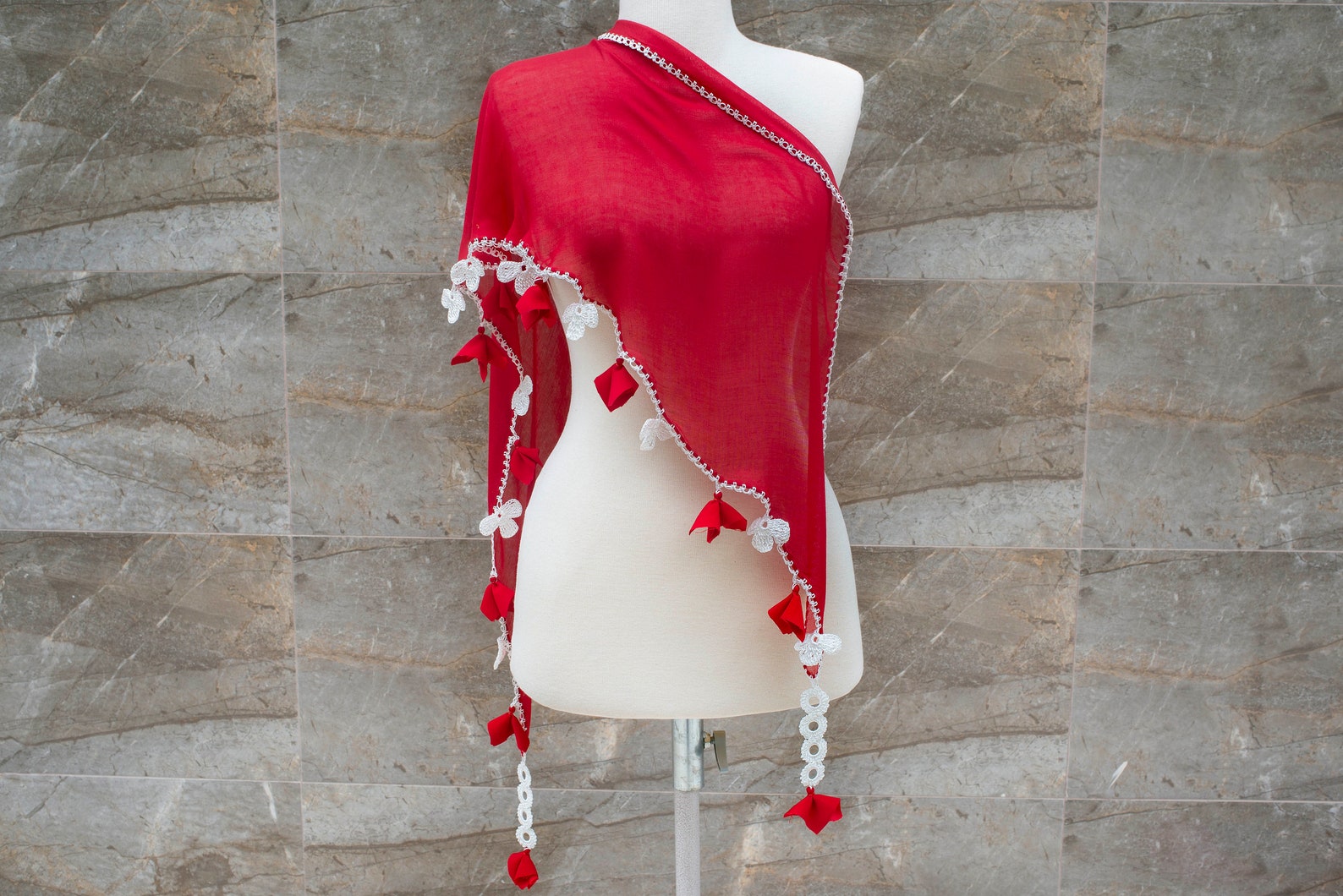 Turkish Oya Scarf, Woman Summer Scarf, Hand Crocheted Lace Border, Red ...