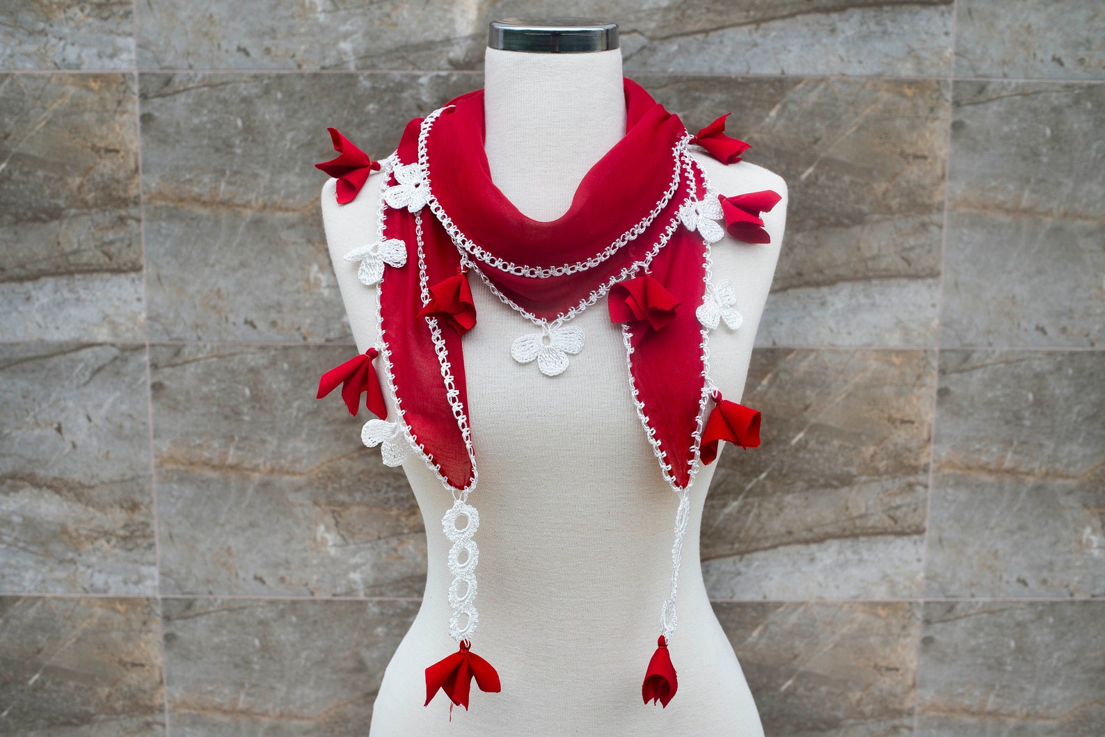 Turkish Oya Scarf, Woman Summer Scarf, Hand Crocheted Lace Border, Red ...