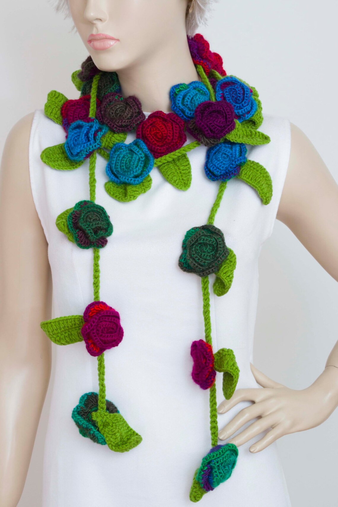 Crochet Lariat Flower Scarf Crochet Woman Scarf - Etsy