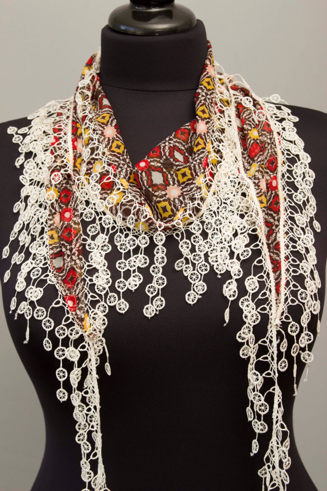 Fringed Lace Scarf Plaid triangle Lace Scarf Guipure Scarf | Etsy