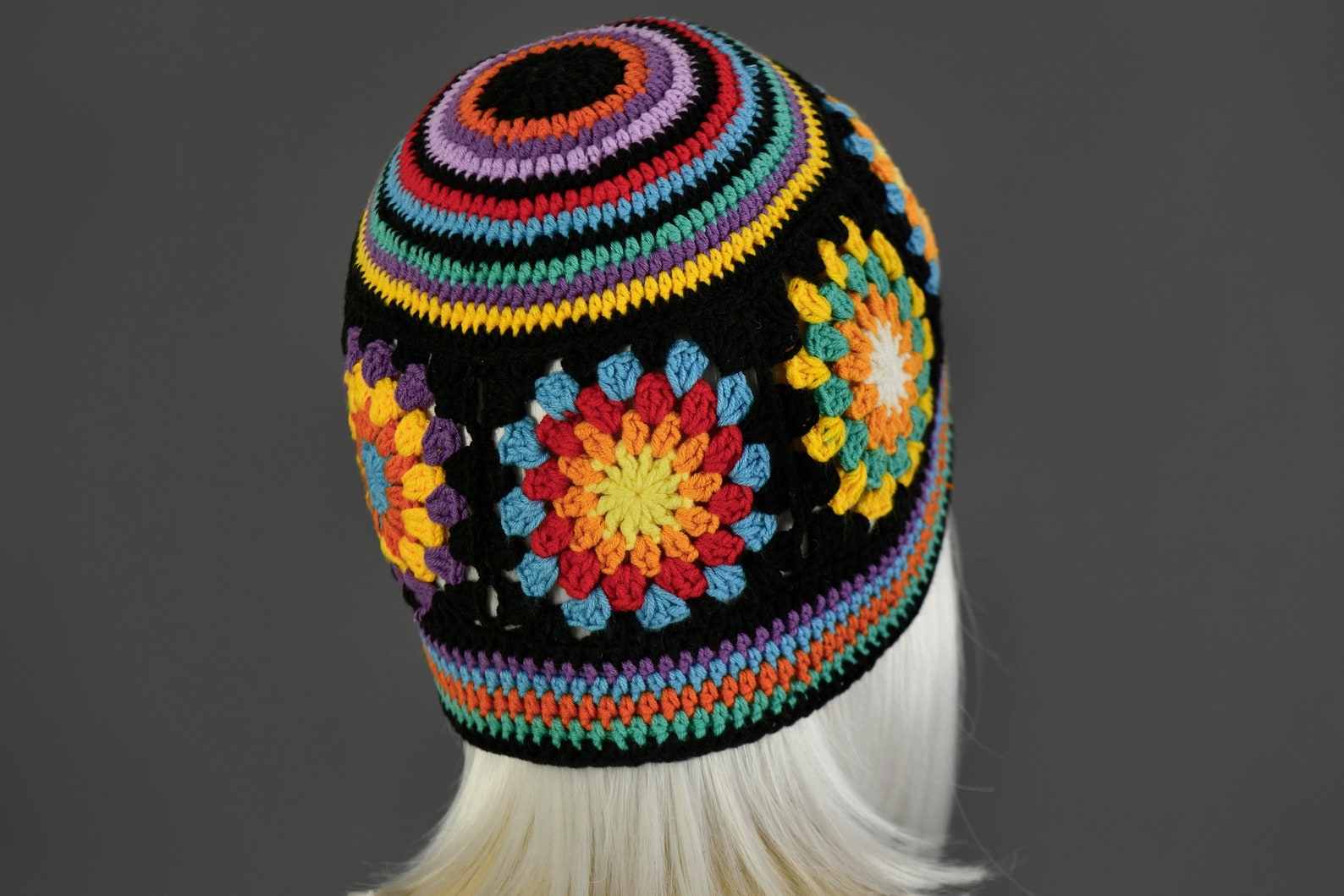 Granny Square Hat, Granny Square Beanie, Crochet Black Beanie,granny ...