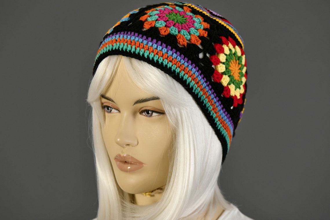 Granny Square Hat Granny Square Beanie Crochet Black - Etsy