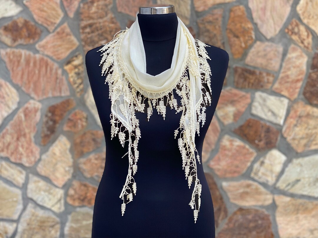 Ivory Color Plain Fringed Lace Scarf, Woman Cotton Summer Scarf, - Etsy