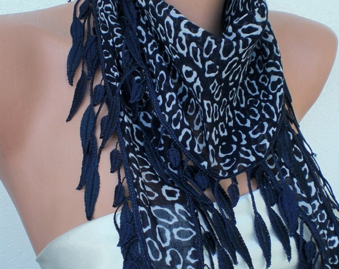 Navy Blue Leopard Scarf With Lace - Etsy