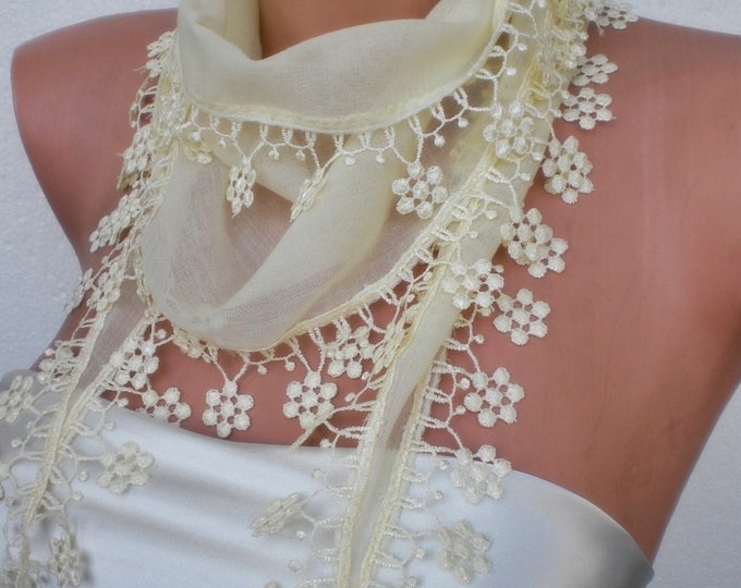 Cream Light Yellow Scarf With Flower Lace - Etsy