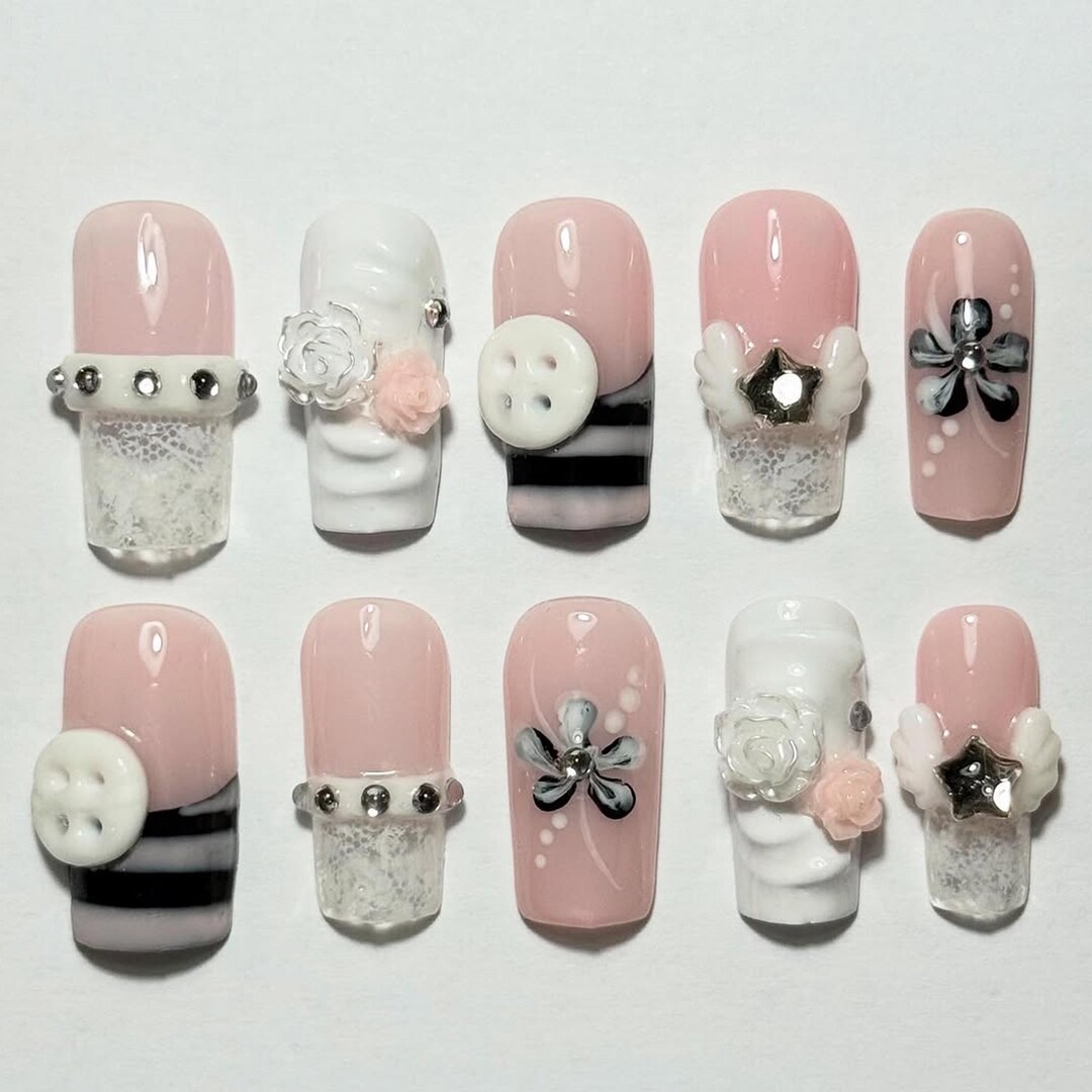 Elegant Pink Press on Nails, 3D Floral and Button Nail Art With Lace ...