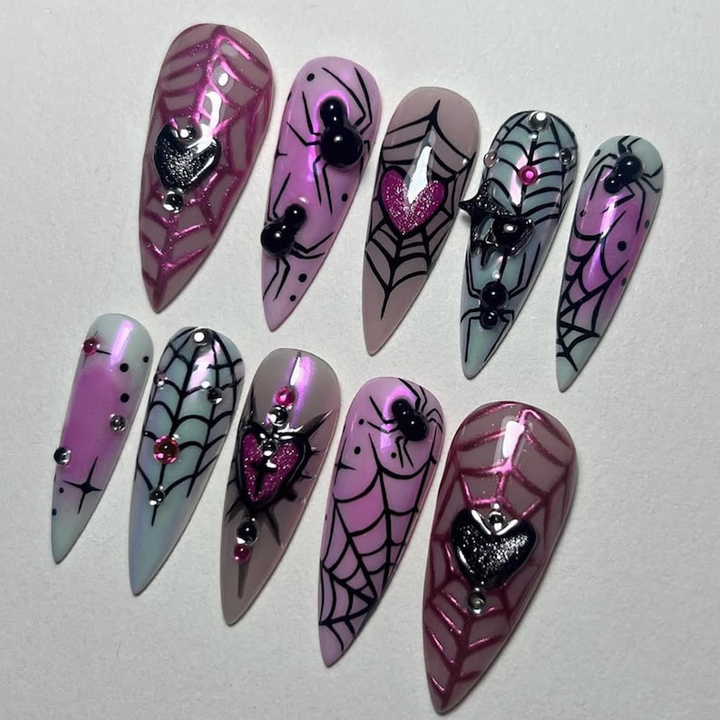 Pink Spiderweb Press On Nails 3d Heart Chrome Gelx Halloween Gothic