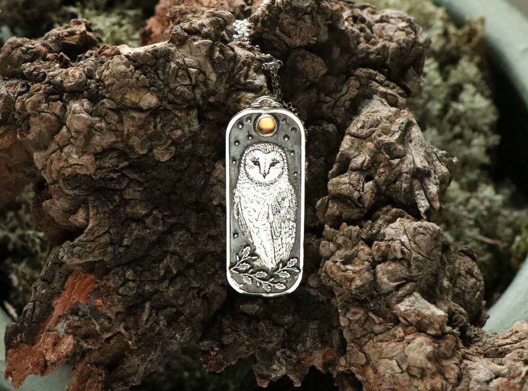 Owl Necklace - Barn Owl Pendant - Silver Owl Necklace - Citrine ...