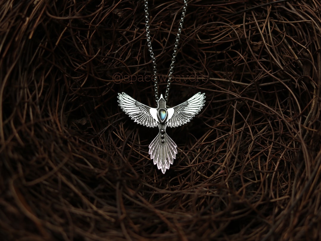 Magpie Necklace - Silver Bird Pendant - Rainbow Moonstone - Blue Flying ...