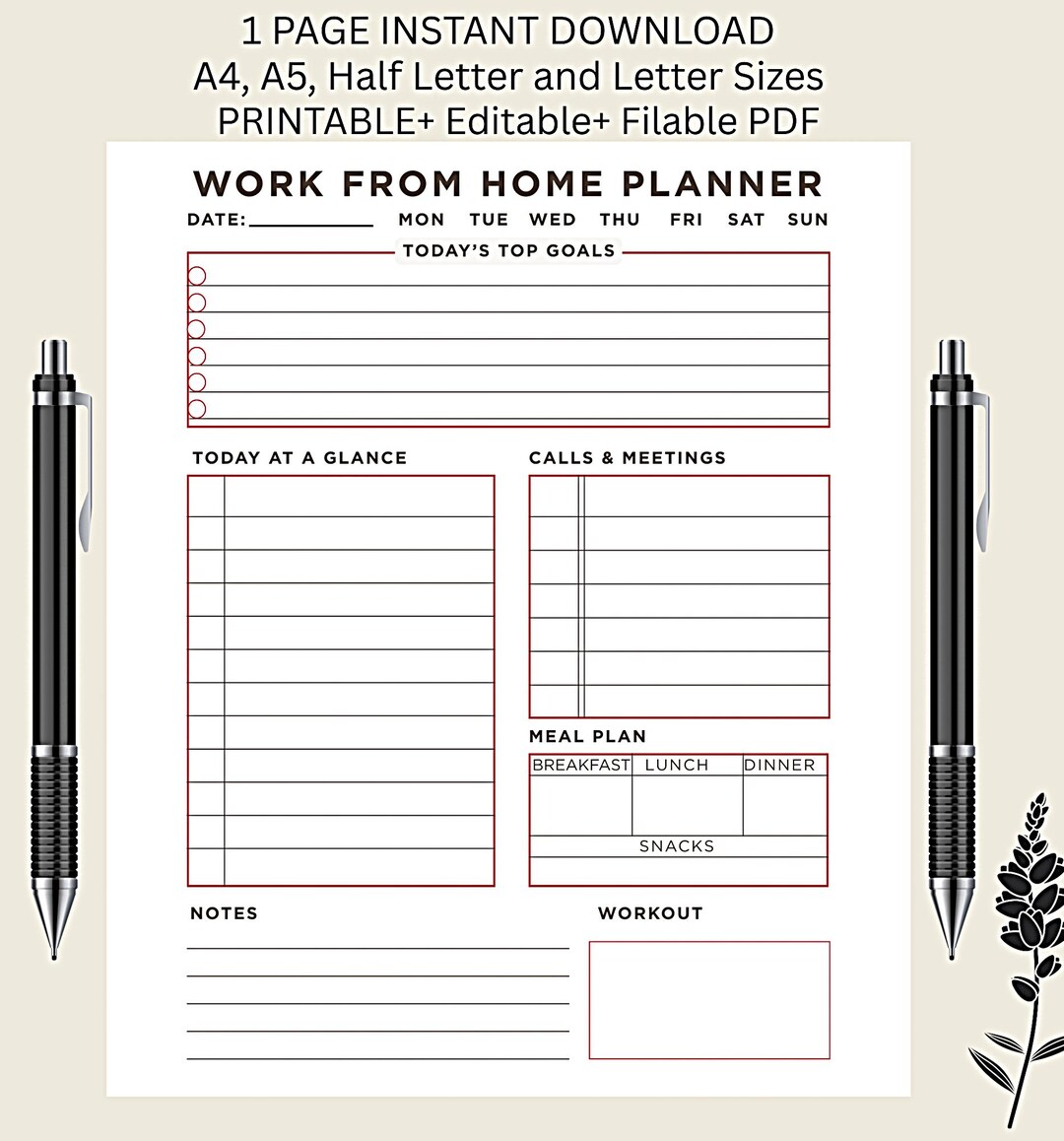 Work From Home Planner Printable | Daily Productivity Organizer ...