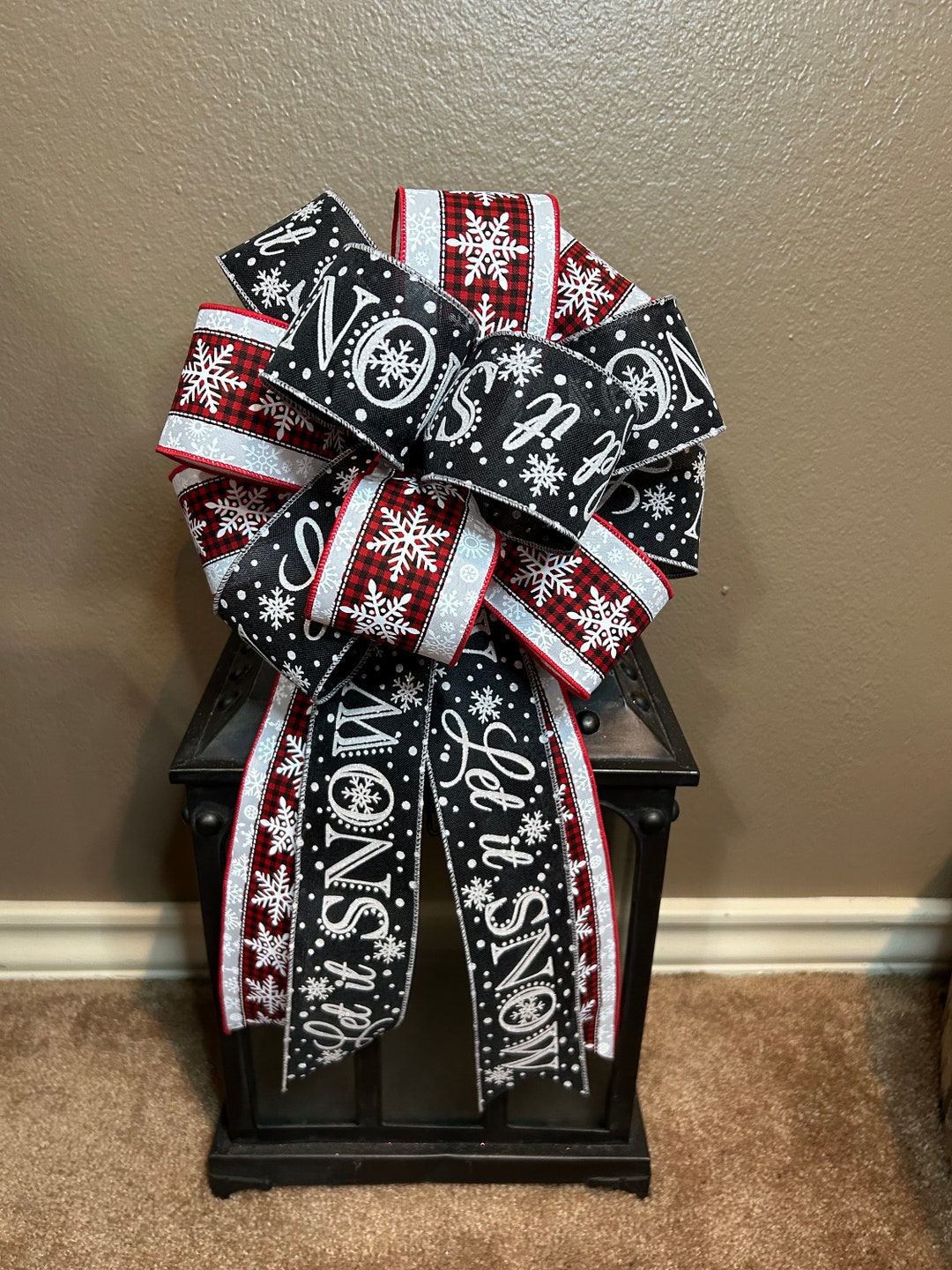 Christmas Bow, Snowflake Bow, Let It Snow Bow, Black and Red Buffalo ...