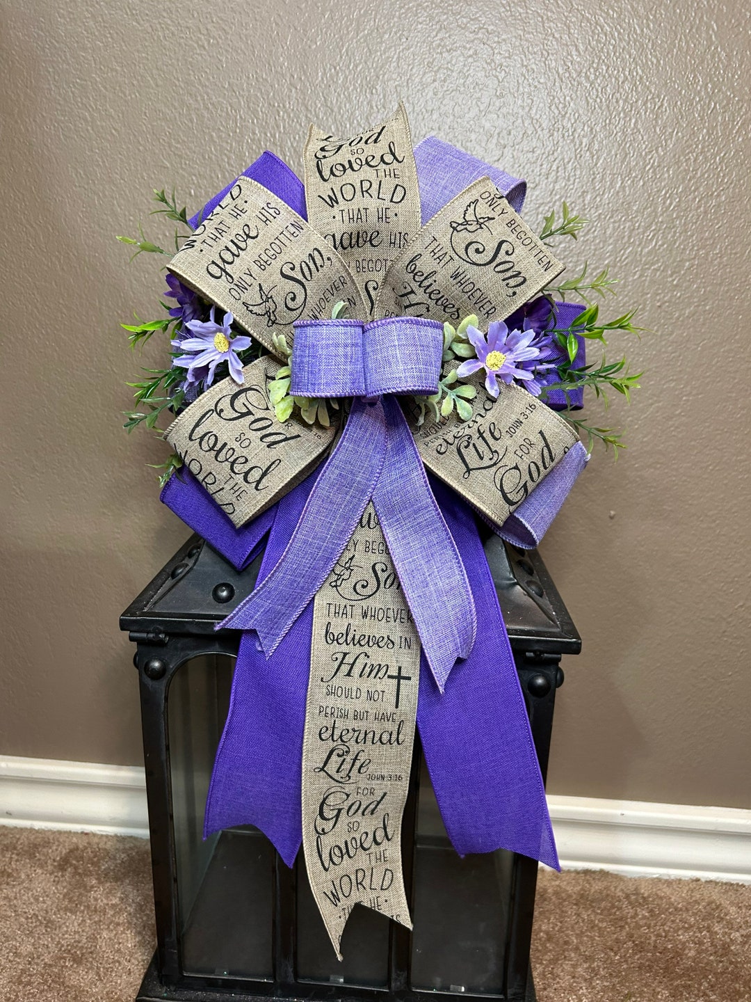 Religious Bow, John 3:16 Bow, Purple Bow, Burlap Bow, Religious Wreath ...