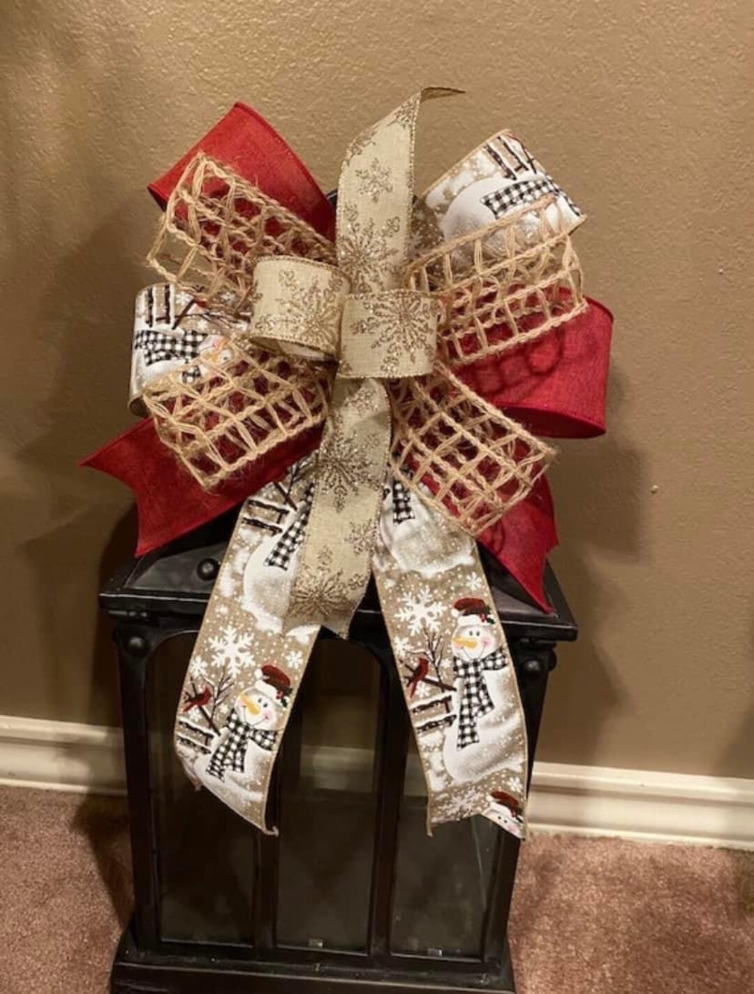 Christmas Bow, Snowman Bow, Red Metallic Bow, Christmas Wreath Bow ...