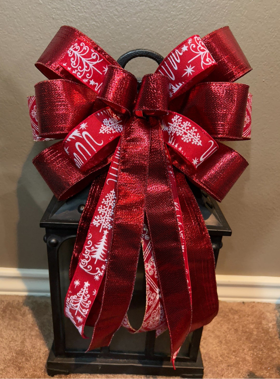 Christmas Bow, Red Metallic Bow, Christmas Tree Bow, Tree Topper Bow ...
