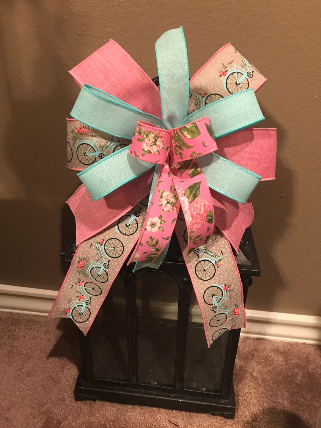 Spring Bow, Bicycle Bow, Spring Wreath Bow, Pink Bow, Bicycle Lantern ...