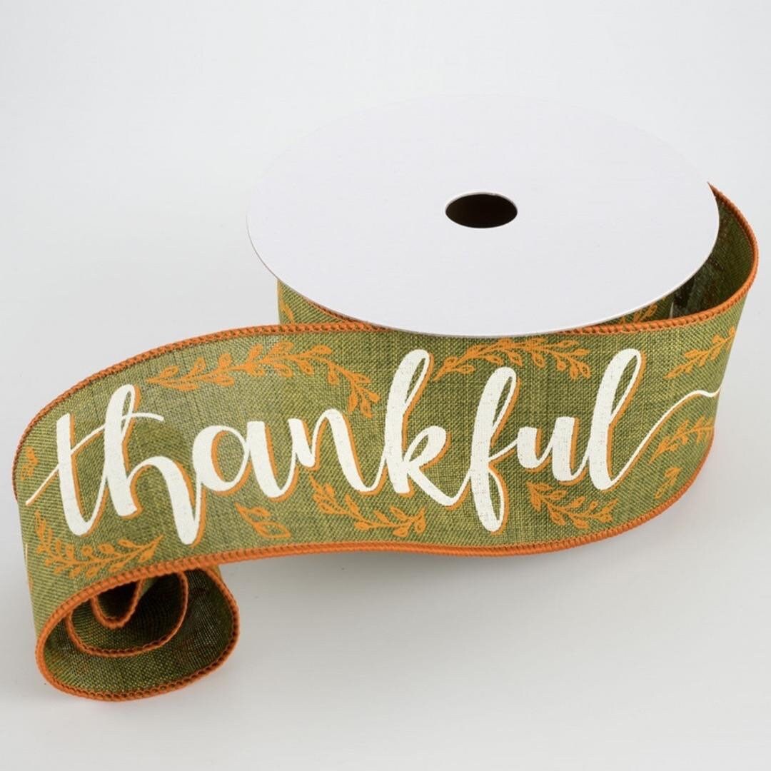 Fall Ribbon, Thankful Ribbon, Green Ribbon, Burlap Ribbon, 2 1/2" Wired ...