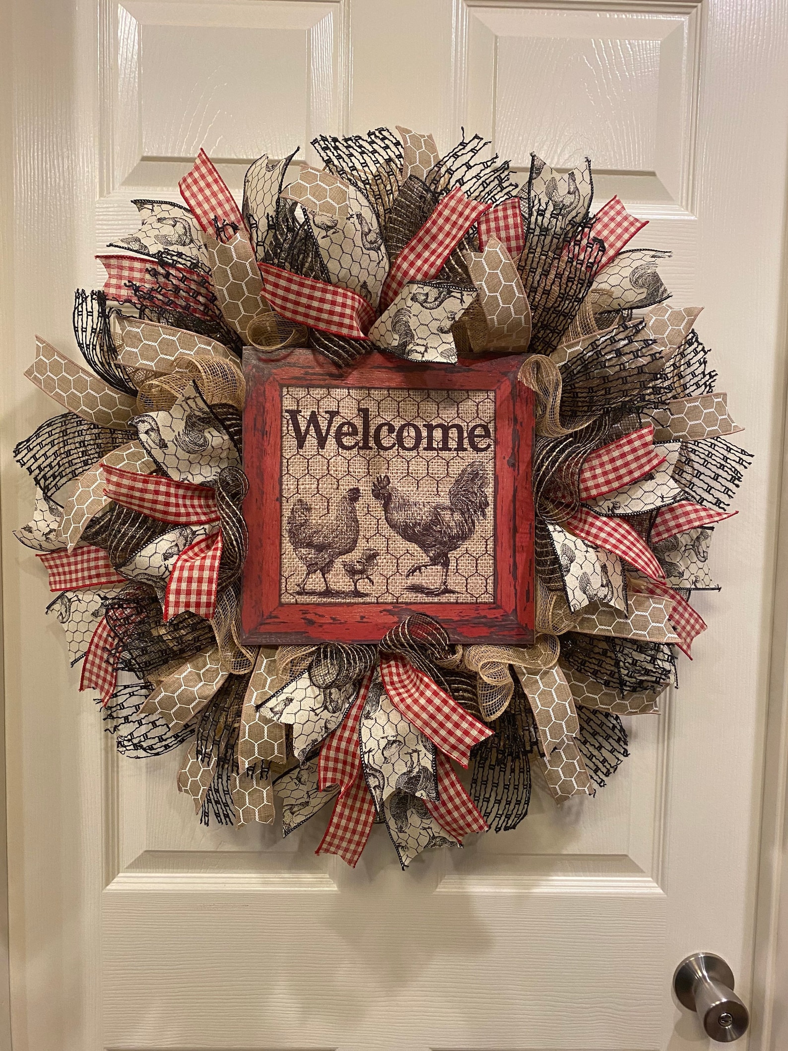 Farmhouse Wreath, Welcome Wreath, Chicken Wreath, Rooster Wreath, Red ...