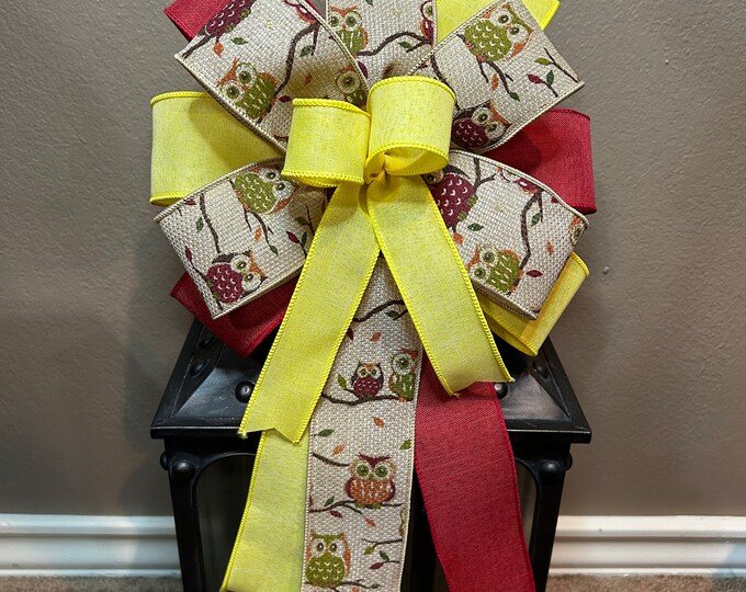 Fall Bow, Thanksgiving Bow, Owl Bow, Red Bow, Yellow Wreath Bow, Fall ...