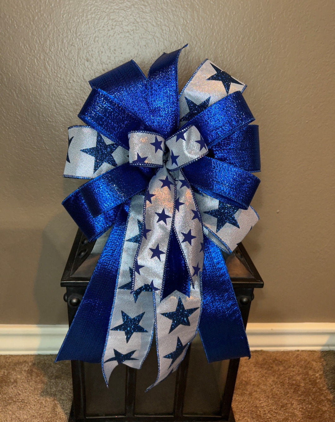 Silver and Blue Star Bow, Blue Metallic Bow, Silver Bow, Star Bow ...