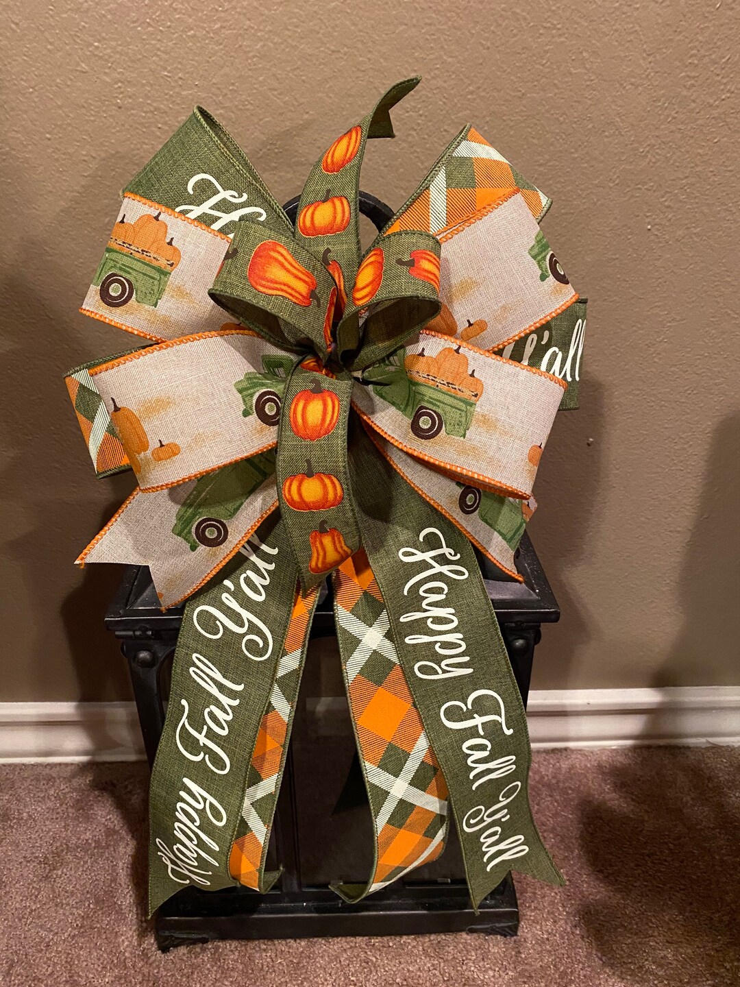 Fall Bow, Happy Fall Y’all Bow, Pumpkin Bow, Vintage Truck Bow, Green ...