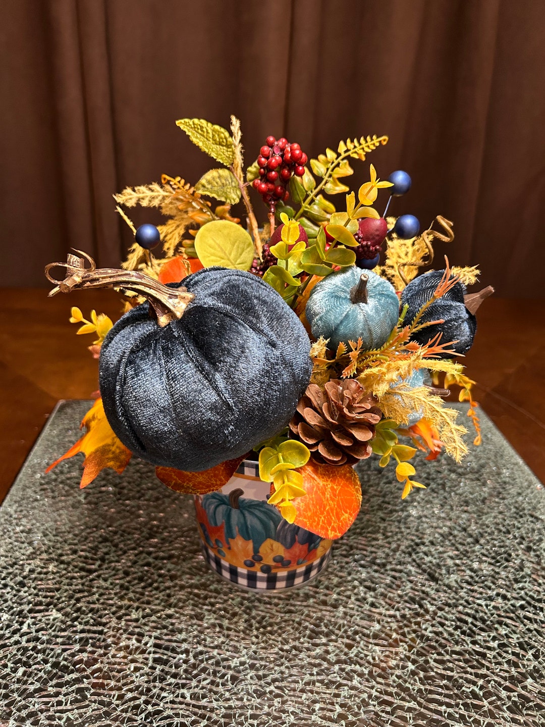 Fall Centerpiece, Blue Velvet Pumpkin Centerpiece, Fall Pumkpin ...