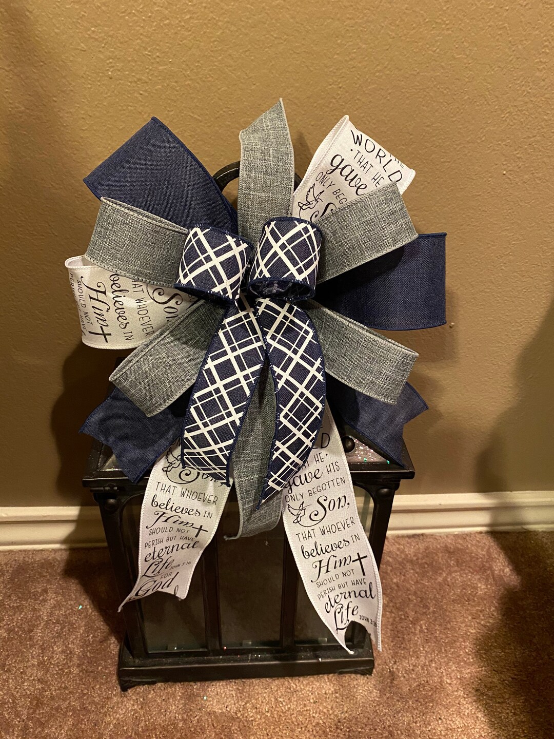 Religious Bow, John 3:16 Bow, Blue Bow, Gray Bow, Burlap Bow, Religious ...
