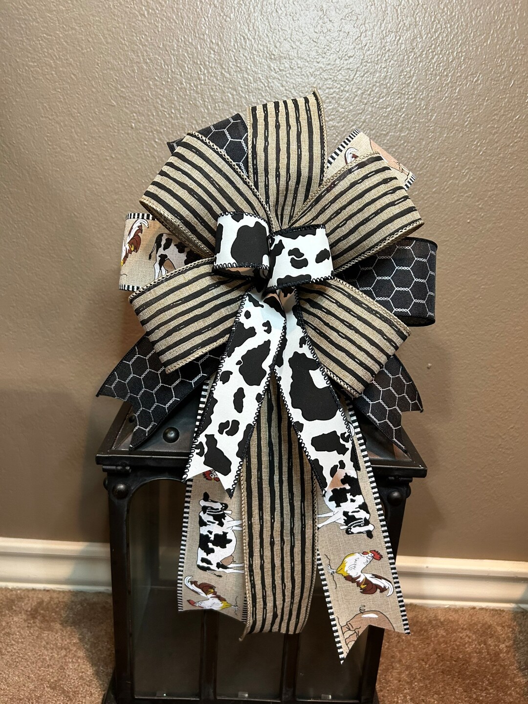 Farmhouse Bow, Black Bow, Burlap Bow, Cow Bow, Chicken Wire Bow, Wreath ...