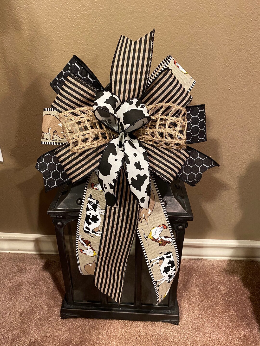 Farmhouse Bow, Black Bow, Burlap Bow, Cow Bow, Chicken Wire Bow, Wreath ...