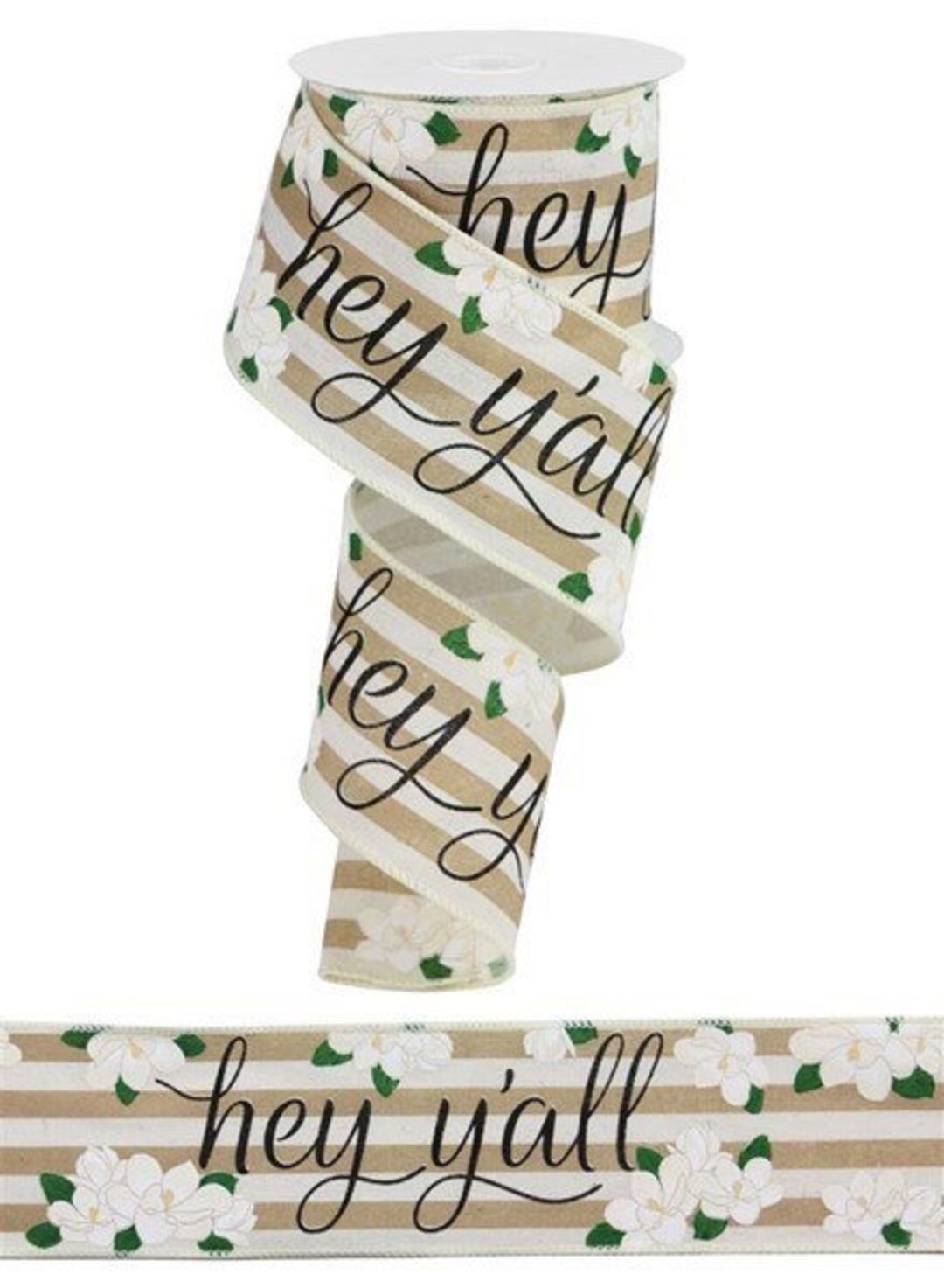 Magnolia Ribbon, Hey Y'all Ribbon, Floral Ribbon, Tan Ribbon, Stripe ...