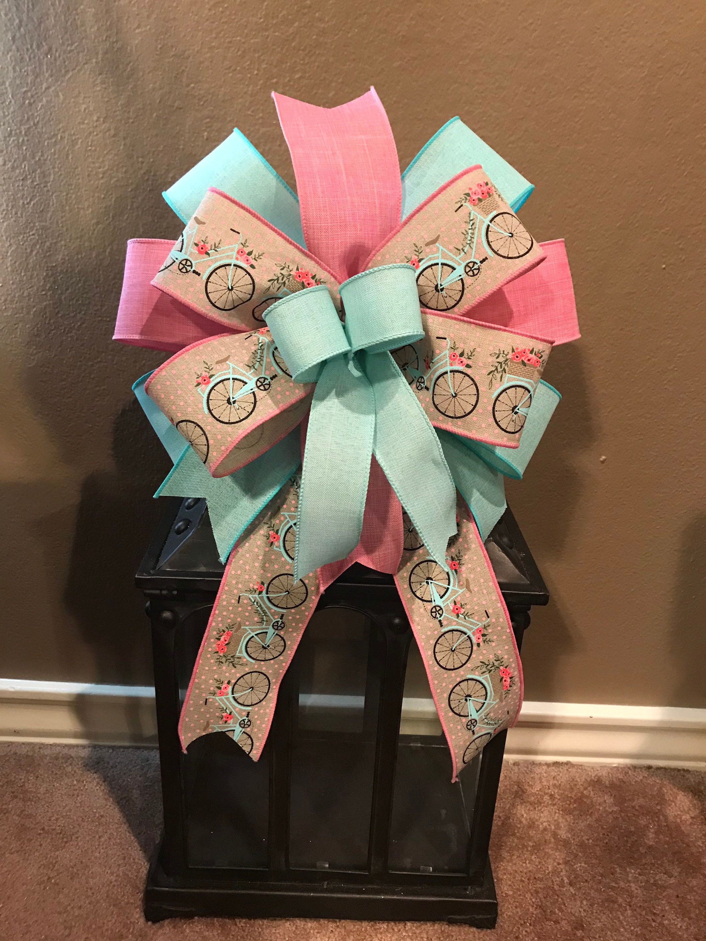 Spring Bow, Bicycle Bow, Spring Wreath Bow, Pink Bow, Bicycle Lantern ...