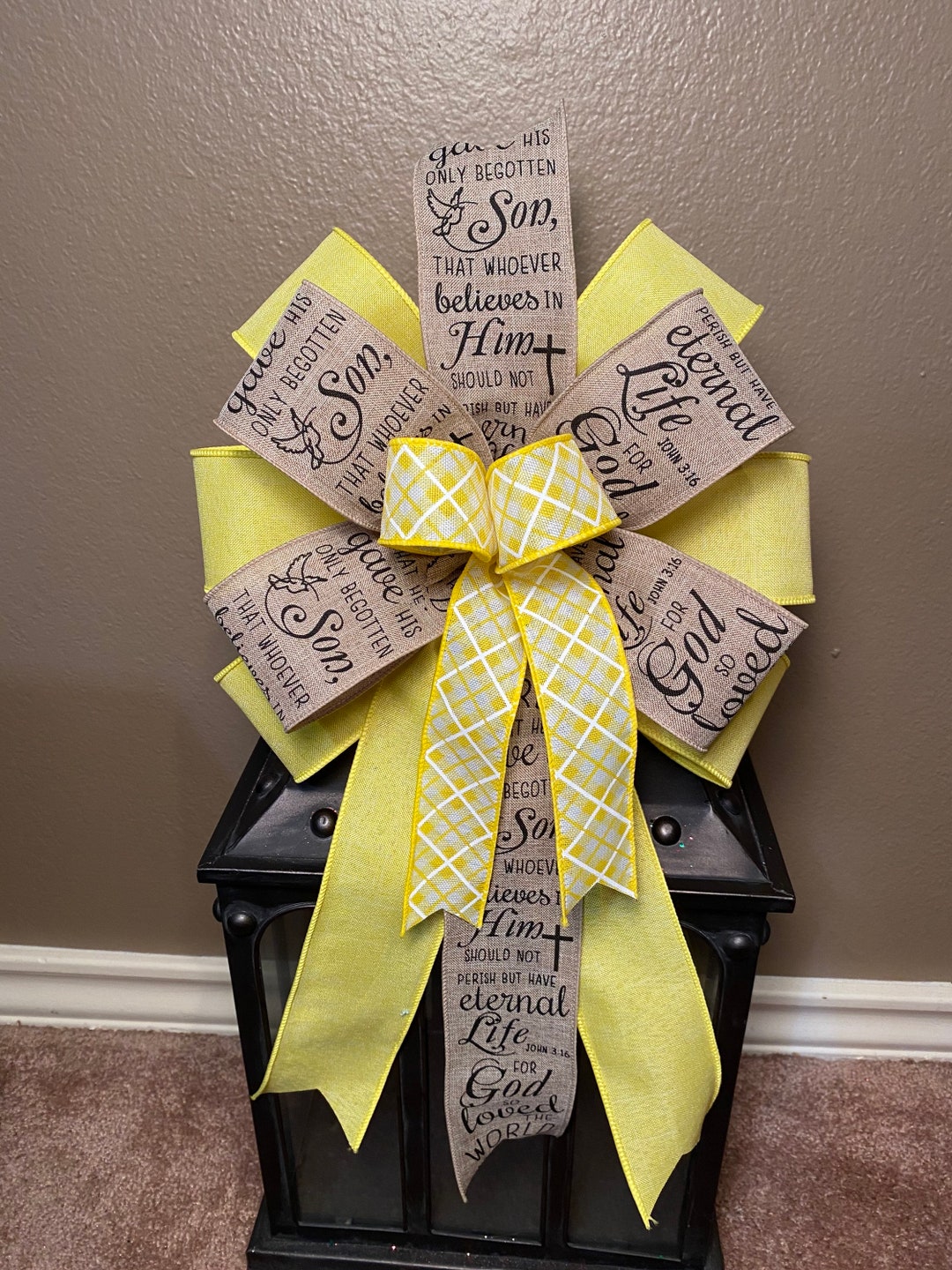 Religious Bow, John 3:16 Bow, Yellow Bow, Burlap Bow, Religious Wreath ...