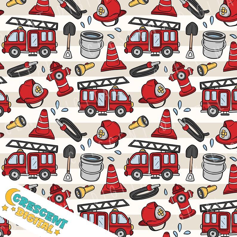 Firefighter Seamless Pattern: Fire Truck Fabric Sublimation Print ...