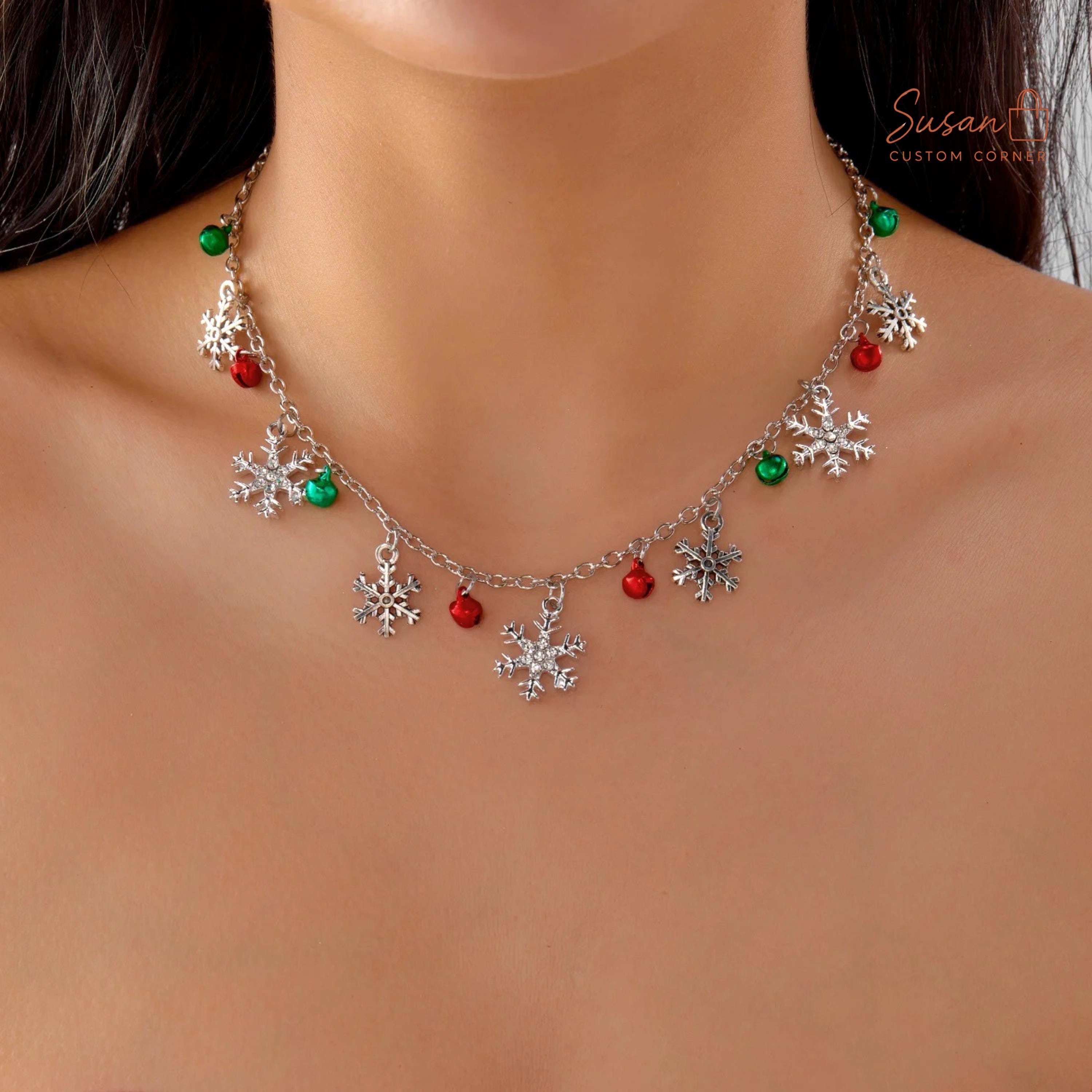 Dainty Christmas Snowflake Necklace | Festive Red & Green Holiday ...