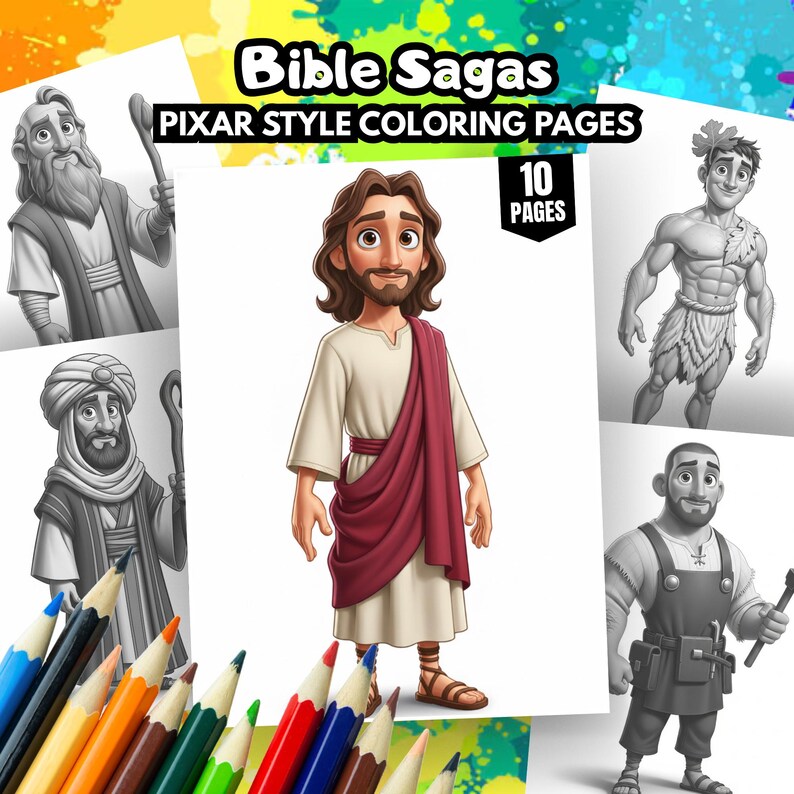 Bible Sagas Pixar Style Coloring Pages | 10 Printable Art Sheets ...