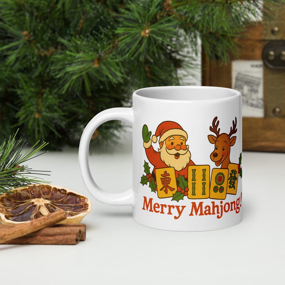 Merry Mahjong Santa & Reindeer White Glossy Mug - Etsy