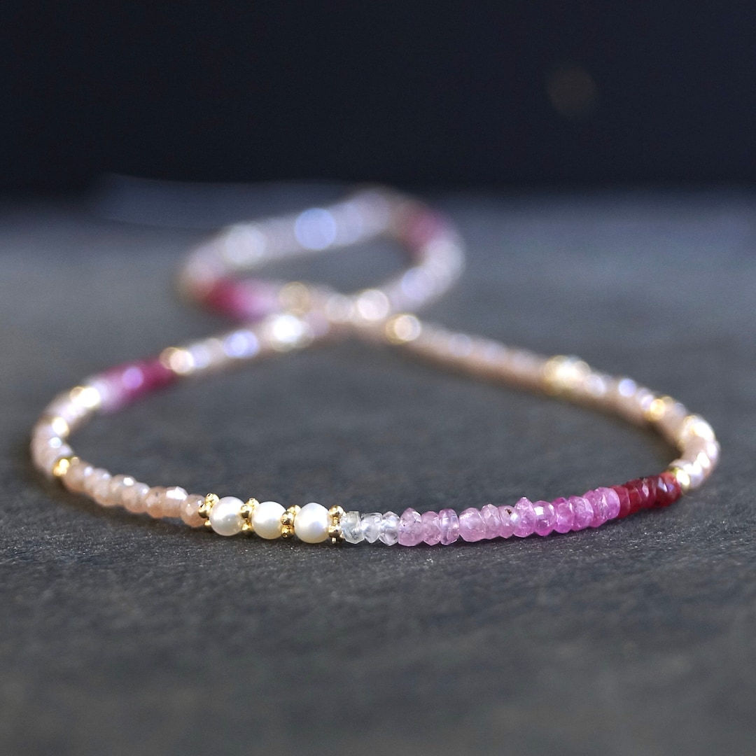 14K Solid Gold: Ruby & Peach Moonstone Necklace | Ombre Emerald ...