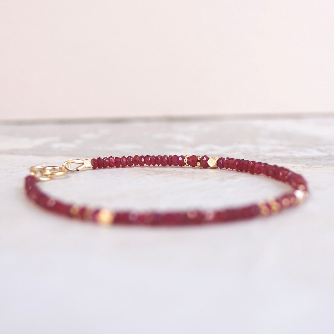 14K Solid Gold: Ruby Bead Bracelet | 2-2.5mm| Genuine Natural Ruby ...