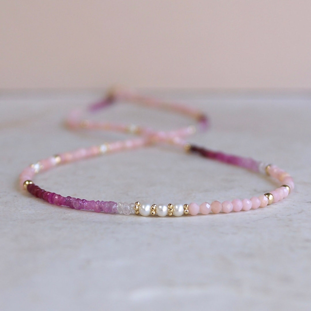 14K Solid Gold: Ruby & Pink Opal Necklace | Ombre Ruby| Gradient Pink ...