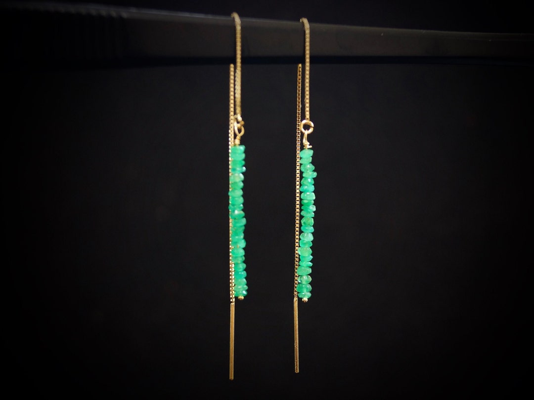 14K Solid Gold: Colombian Emerald Earrings, Threader Earrings, Natural Emerald Jewelry, Beaded ...