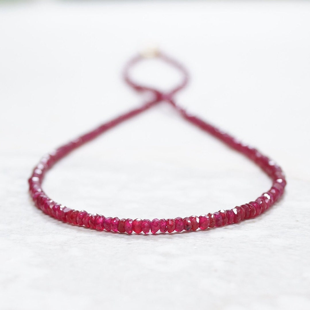 14K Solid Gold: Ruby Necklace 2.5mm 3mm July Birthstone Delicate Beaded ...