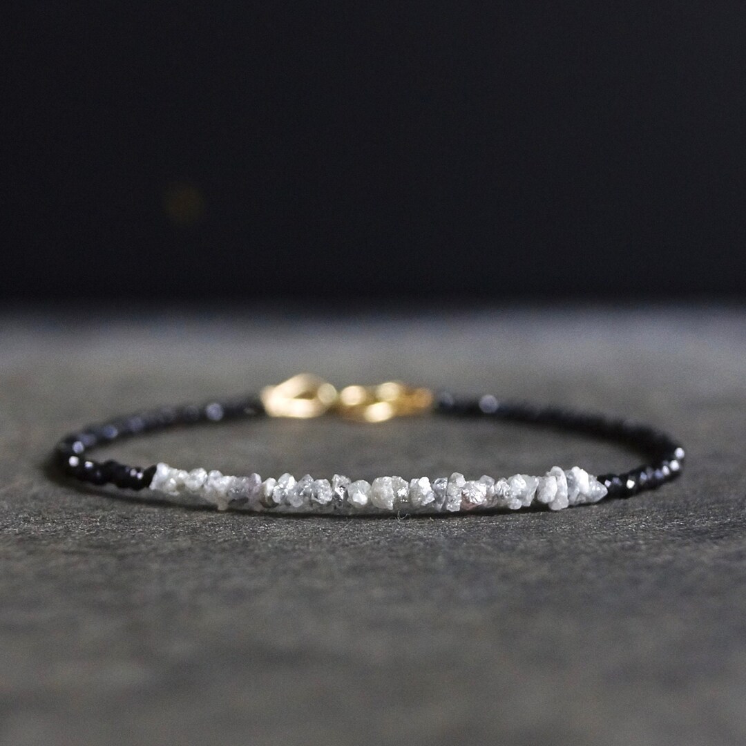 14K Solid Gold Dainty Raw Grey Diamond Bracelet Rough Diamonds April ...
