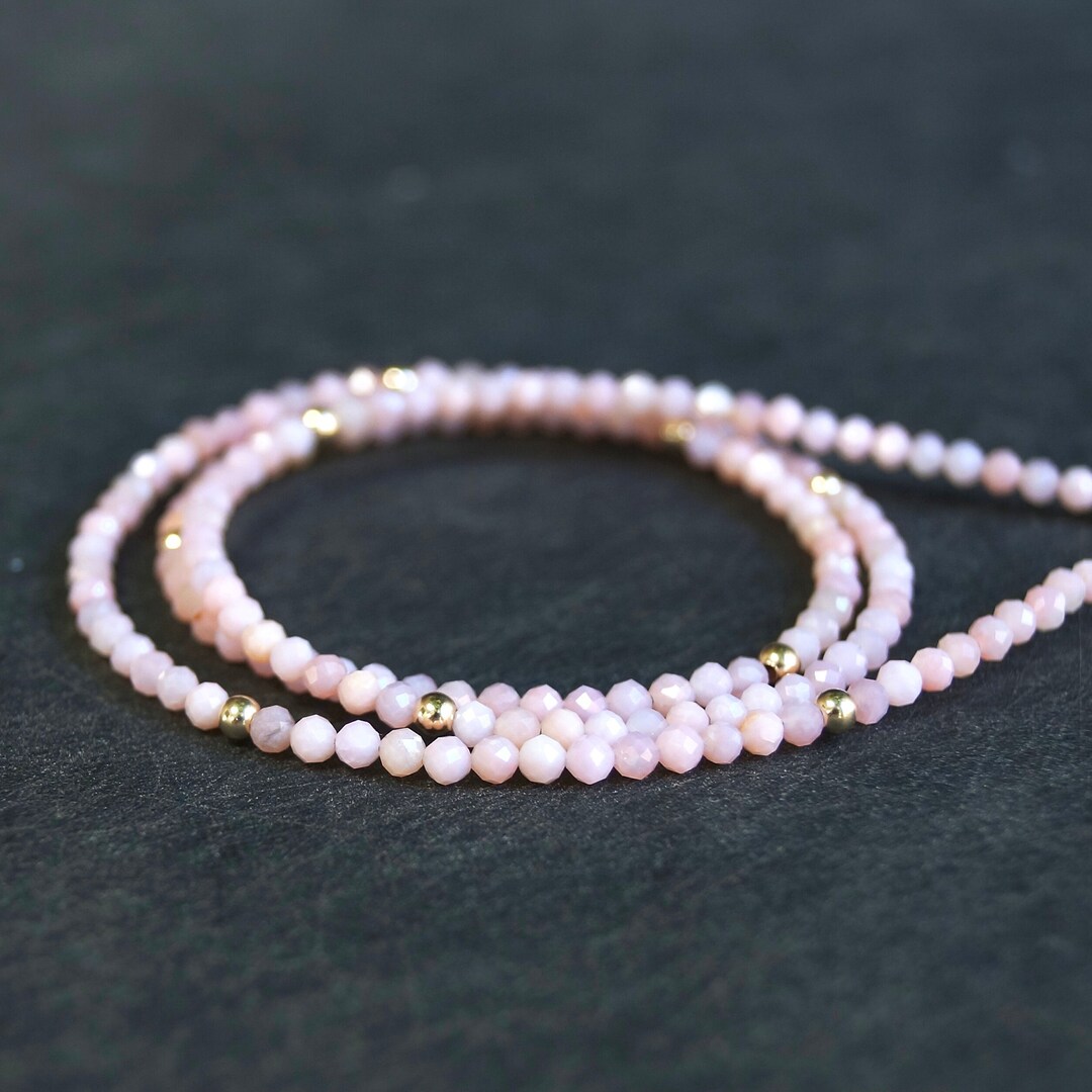 14K Solid Gold: Pink Opal Beaded Necklace, Light Pink Necklace, Fine ...