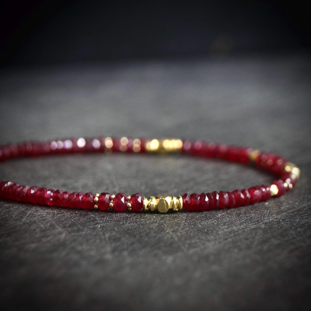 14K Red Ruby Bead Bracelet | 2.5mm | July Birthstone | Heavy Weight ...