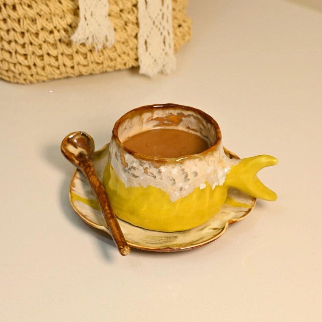 Hand-drawn Fish Tail Ceramic Tea Cup and Saucer Set With Spoon - Etsy