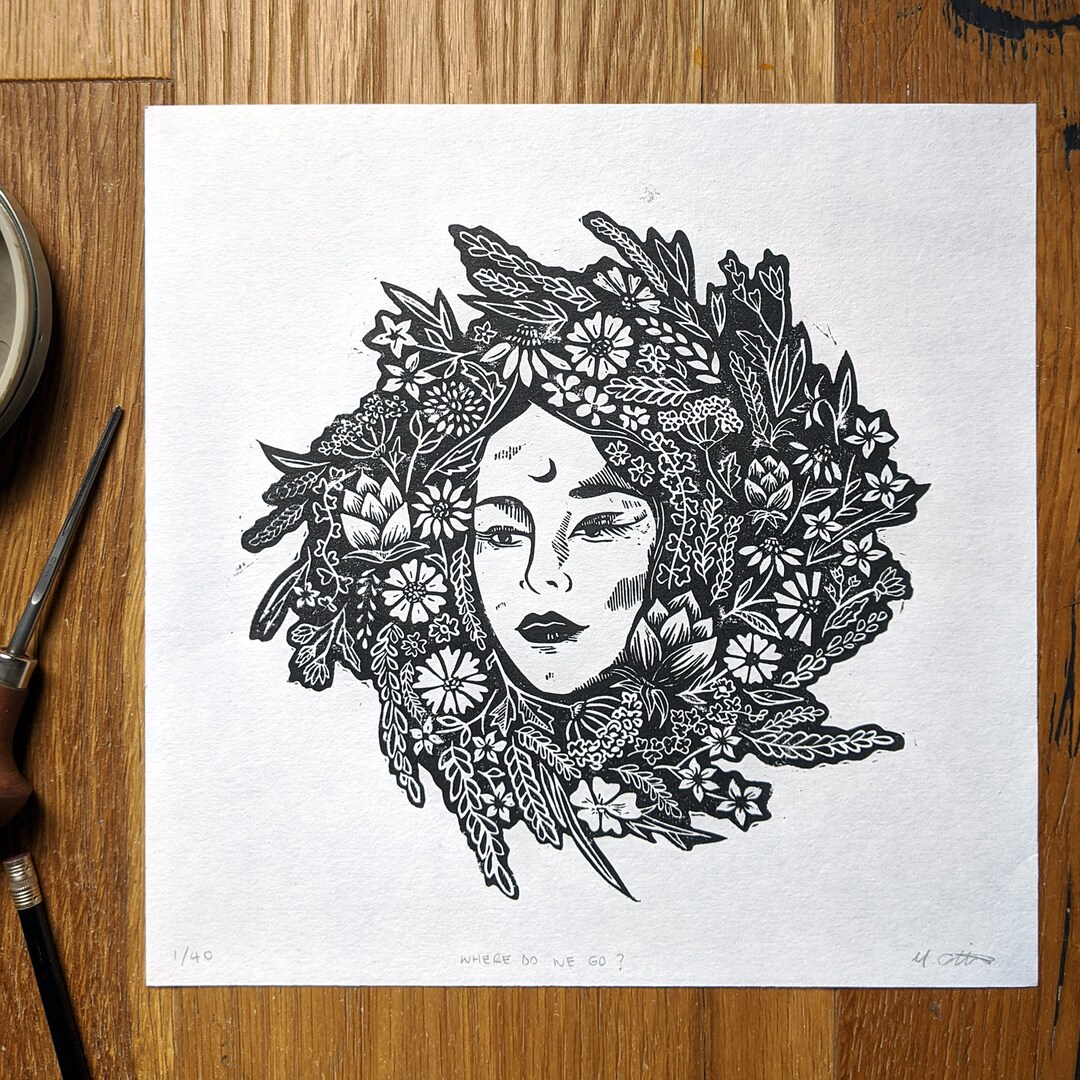 Where Do We Go Original Linocut Print Artwork, Lady in the Wreath - Etsy