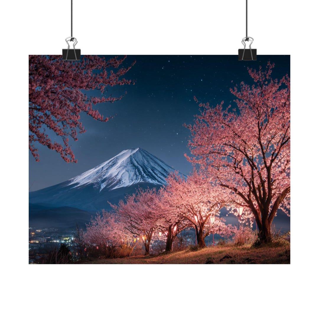 Fuji Night View Poster, Japanese Sakura Wall Art Decor, Moonlight ...