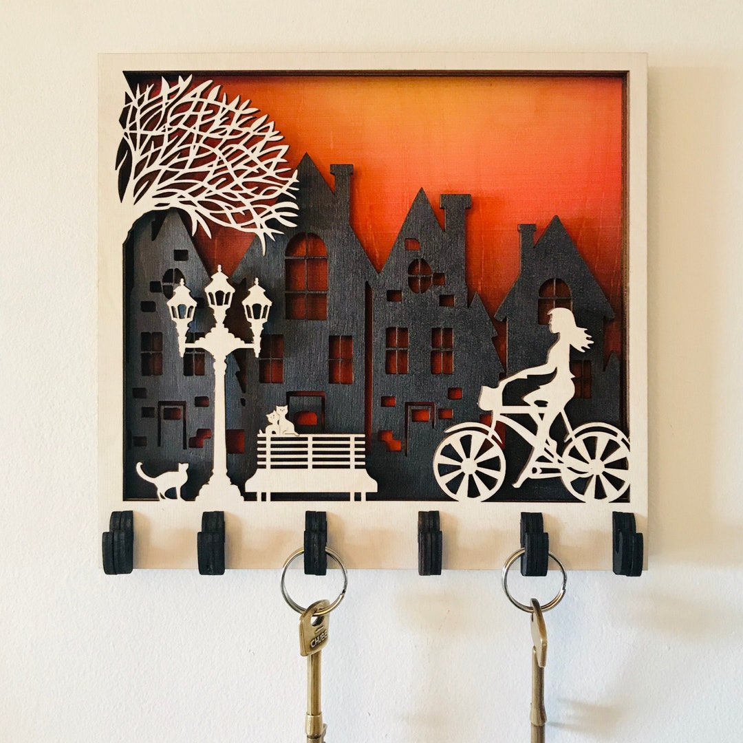 3D Key Rack Sunset Bike Ride, Romantic Gifts, Gift for Mum, Wooden Key ...