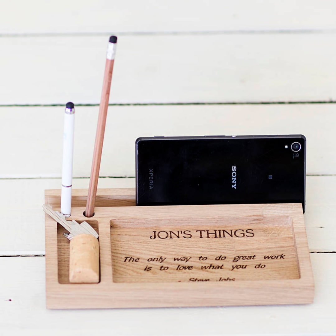 Personalized Oak Wood Desk Organiser Phone Stand & Pencil Holder, Tiny ...